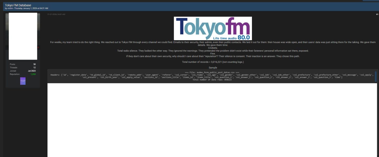 TOKYO FM、不正アクセスで一部 個人情報漏洩の可能性-ハッカーは約316万件の個人情報窃取を主張|セキュリティニュースのセキュリティ対策Lab