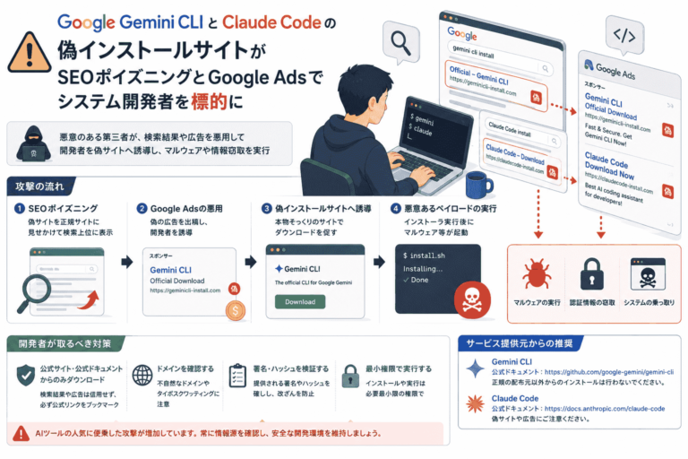 Google Gemini CLIとClaude Codeの偽インストールサイトがSEOポイズニングとGoogle Adsでシステム開発者を ...