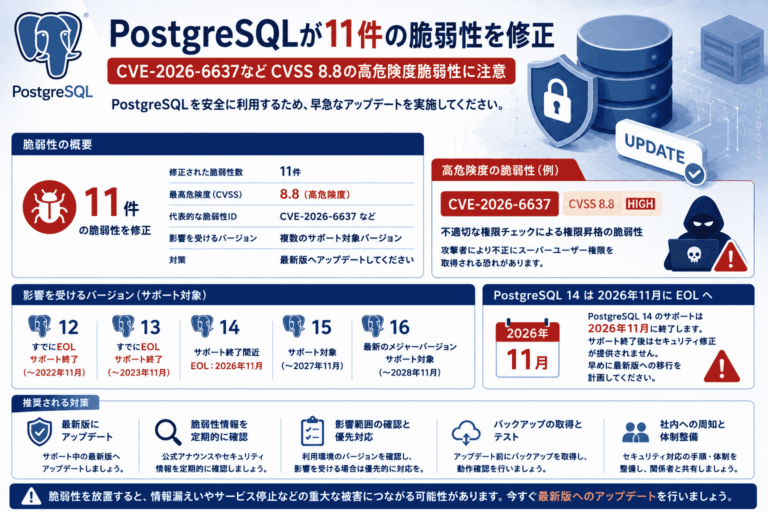 PostgreSQLが11件の脆弱性を修正、CVE-2026-6637など危険度度が高い脆弱性に注意-PostgreSQL 14は2026年 ...