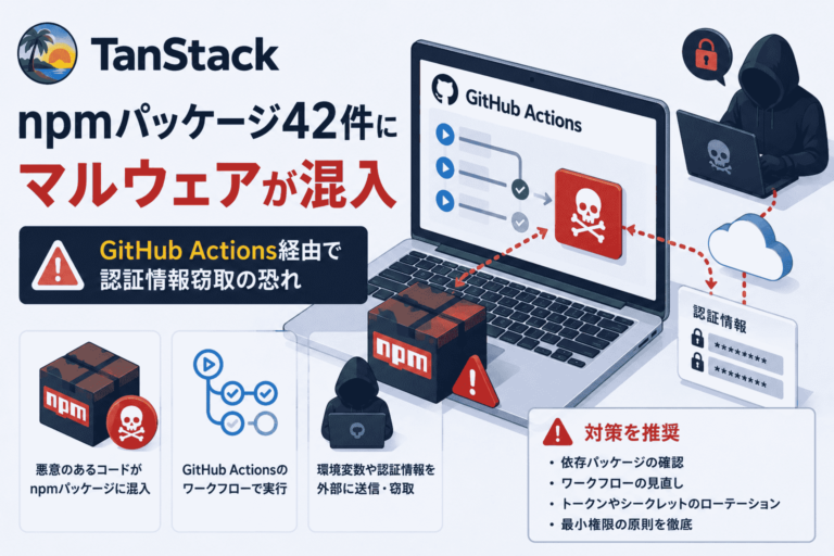 TanStackのnpmパッケージ42件にサイバー攻撃でマルウェアが混入、GitHub Actions 経由で認証情報窃取の恐れ(CVE ...