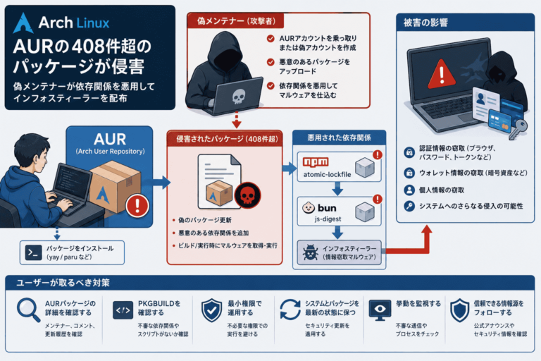 Arch Linux AURの408件超のパッケージが侵害-偽メンテナーがnpm「atomic-lockfile」とBun「js-digest ...