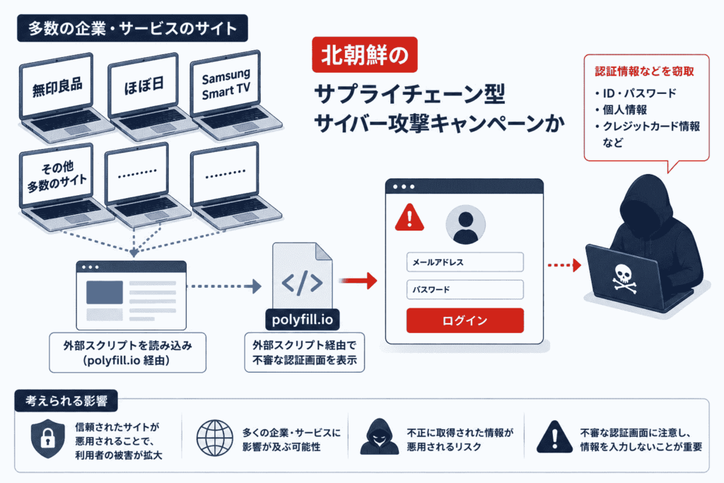 polyfill.ioによる不審認証画面表示、無印良品・ほぼ日・Samsung Smart TVほか多数が告知-北朝鮮のサプライチェーン型 ...